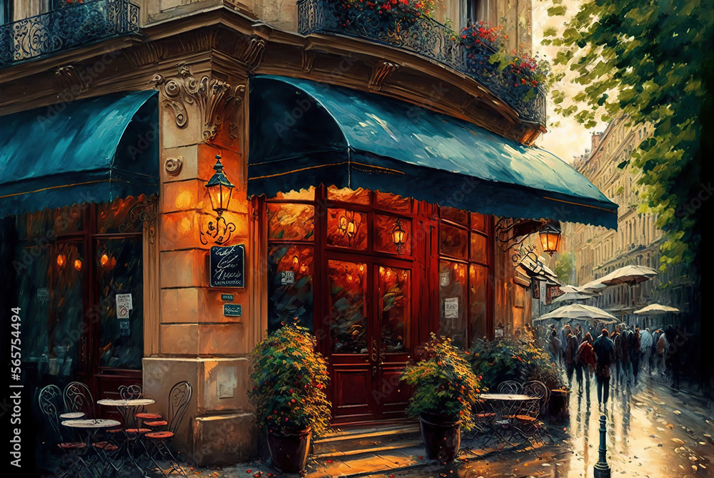 A café in Paris is charming and lively, showing narrow and picturesque ...