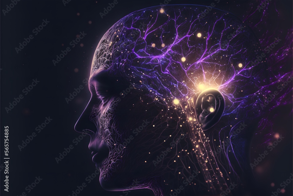 Human head with glowing brain illustrating firing neurons and activity ...