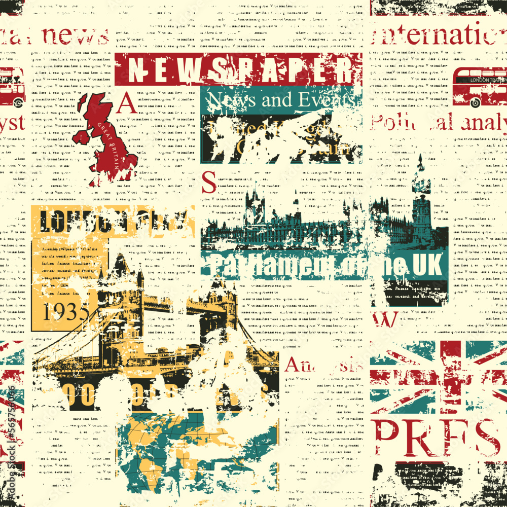 Vector seamless pattern with UK or London newspaper. Page of newspaper ...