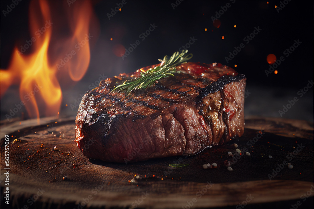 Tasty beef steak on cast iron grate with fire flames. Freeze motion ...