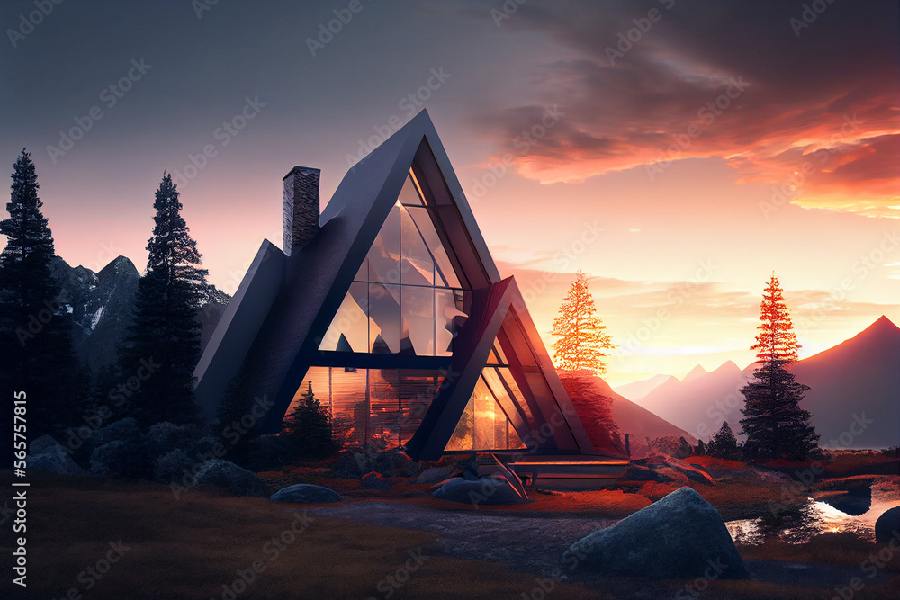 modern triangle roof house on in mountains landscape at sunset. Modern ...