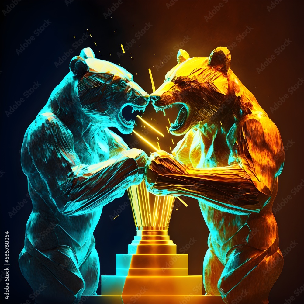 Two angry bears fighting face to face gold trophy at the middle ...