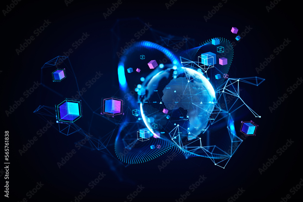 Earth globe and digital world with data blocks and virtual connection ...
