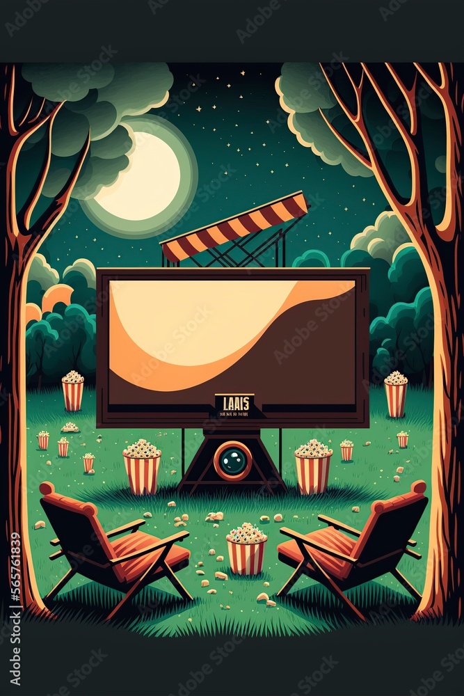 cartoon illustration, outdoor cinema, generative AI Stock Illustration ...