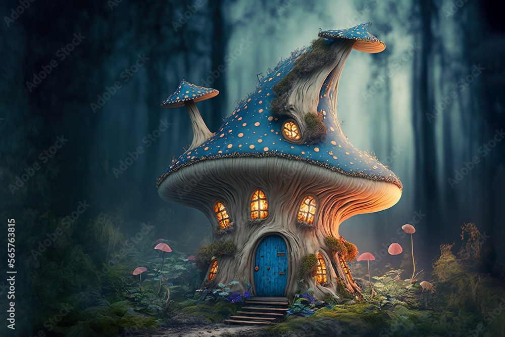 cute Fantasy House. Fairy tale little cottage in magical forest ...