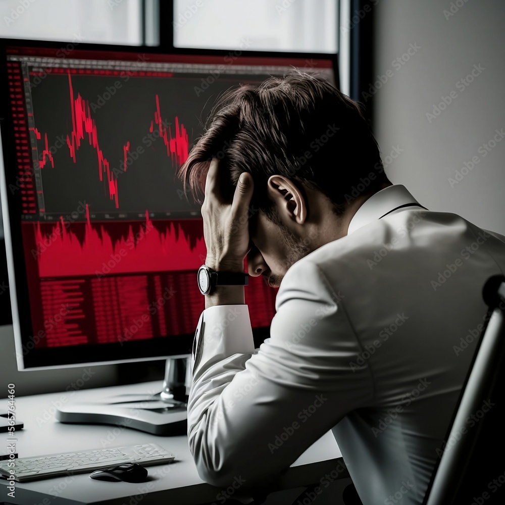Man sitting at a desk looking at stock market crash on the computer ...
