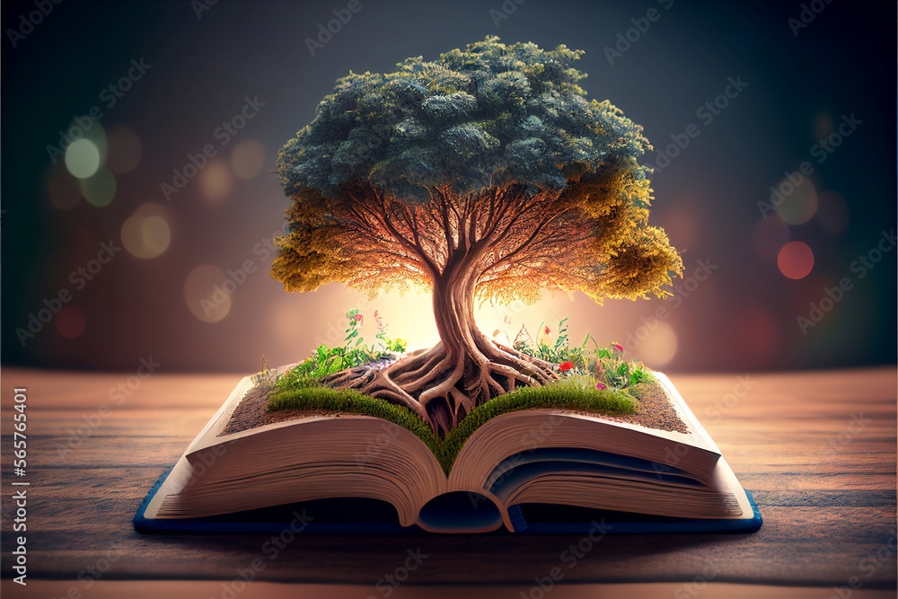 magic book of knowledge, book with growing tree. Generative AI based ...