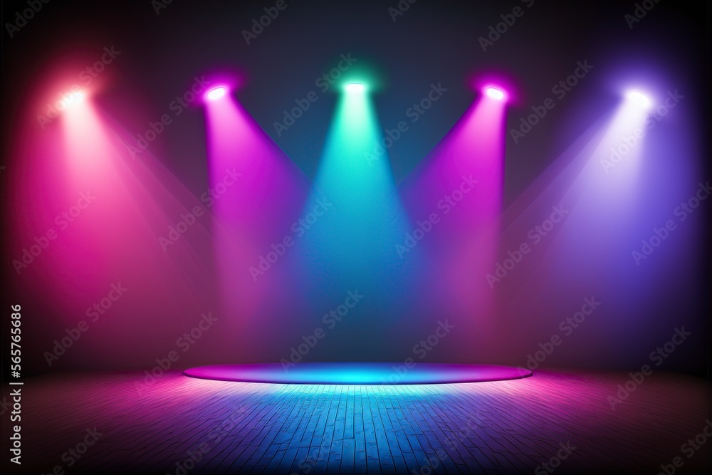 cartoon illustration, stage illuminated by blue and pink neon ...