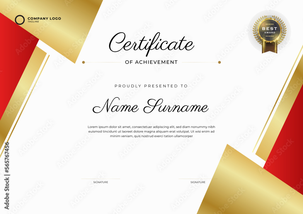 Red and gold Certificate of Achievement template. Background with gold ...