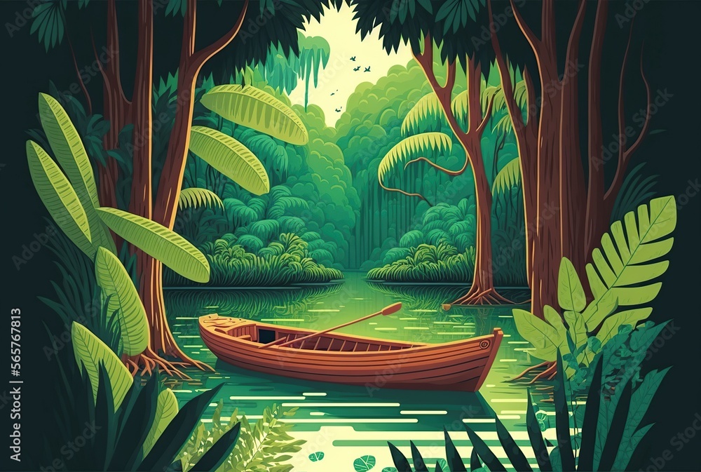 cartoon illustration, a wooden boat on a lake in the jungle, generative ...