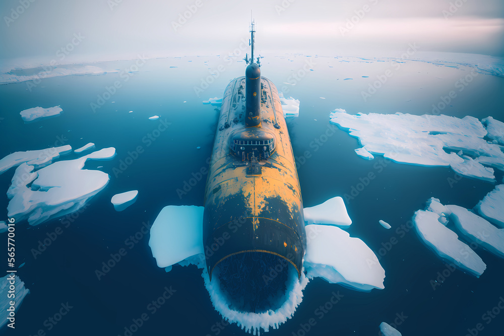 Nuclear military Submarine in north waters of Arctic, Aerial top view ...
