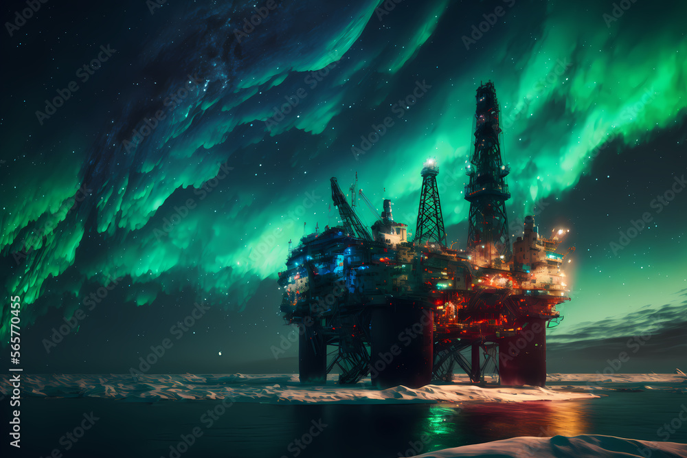 Arctic Offshore petroleum platform oil rig and gas at cold frozen sea ...
