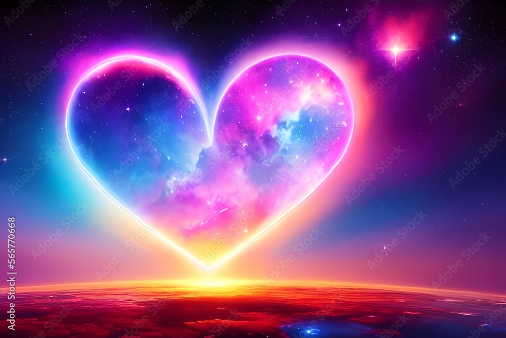 Colorful Heart Shaped Nebule floating in space above the surface of a ...