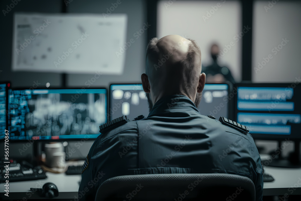 Security guard monitoring Computer Screen with CCTV cameras indoors ...