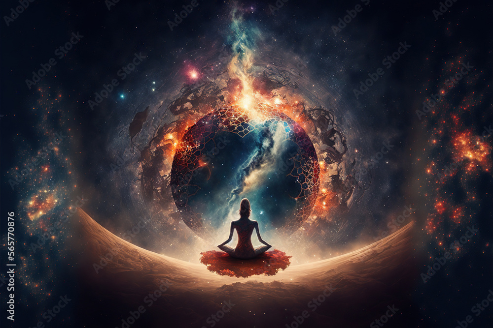 Created with Generative AI technology . Woman meditating on universe ...