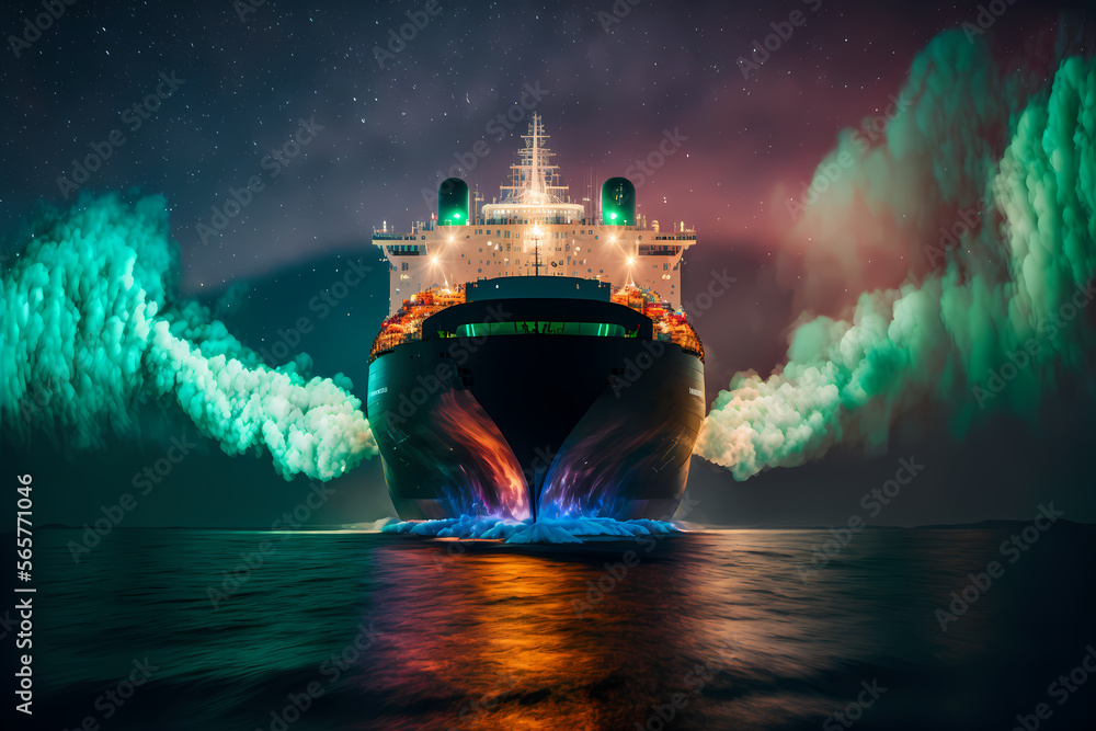 Icebreaking vessel ship in Arctic with background of northern lights or ...