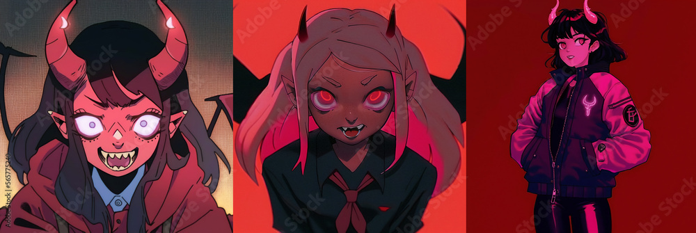 Anime style Demon girl, illustration. Retro film style portrait ...