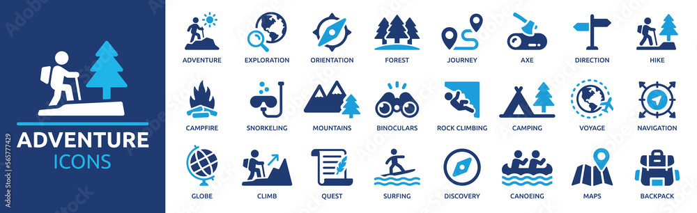 Adventure icon set. Containing hike, campfire, snorkeling, climbing ...