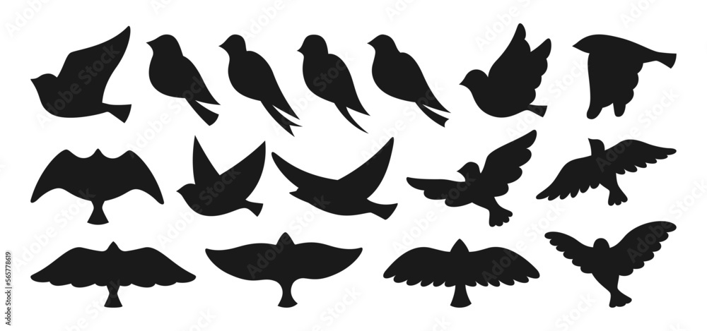 Bird dove silhouette shape set. Modern trendy abstract fowl sparrow ...