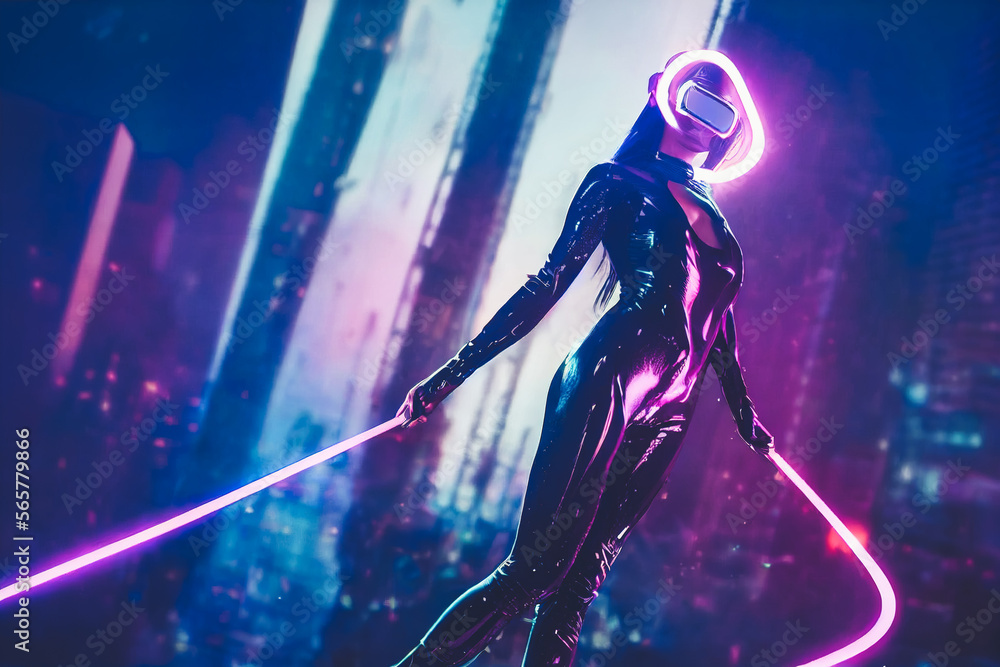 Splendid futuristic woman in cyberpunk world with VR headset portrait ...