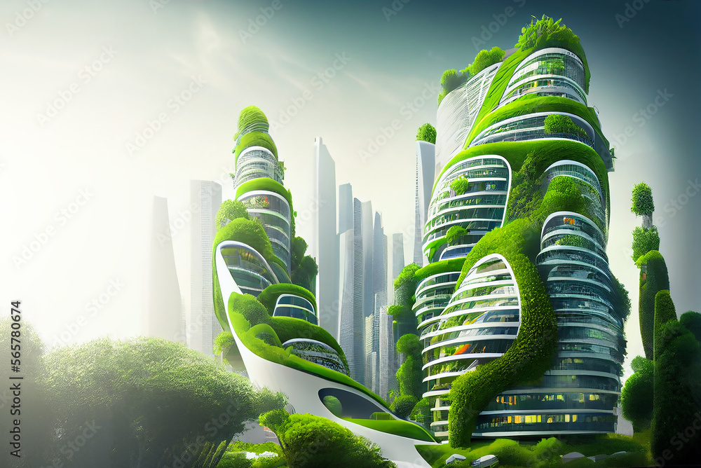 The green city of the future. Spectacular eco-futuristic cityscape ESG ...