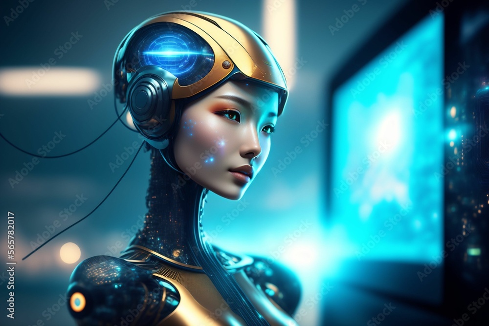 Artificial Intelligence in Action: Humanoid Cyber Girl with Neural Network Processing Big Data ...