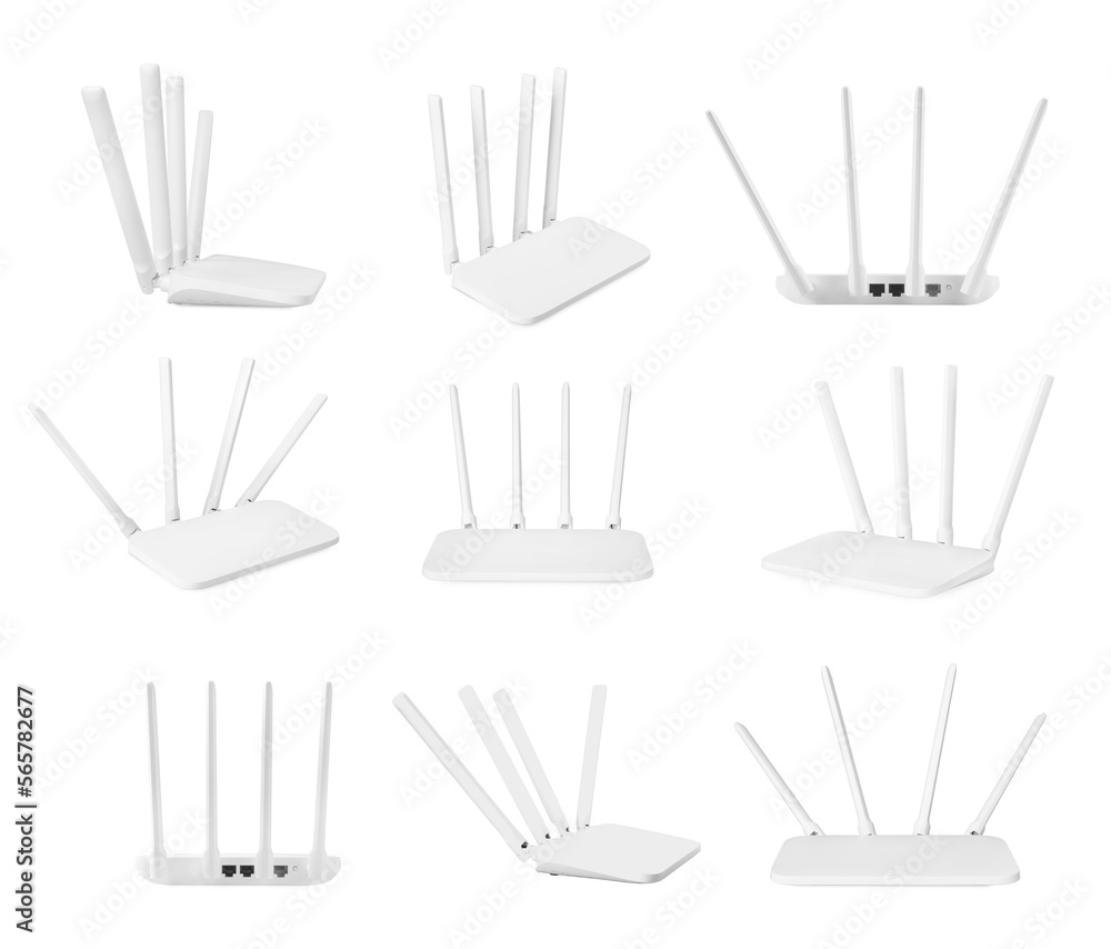 Modern Wi-Fi router on white background, view from different sides ...