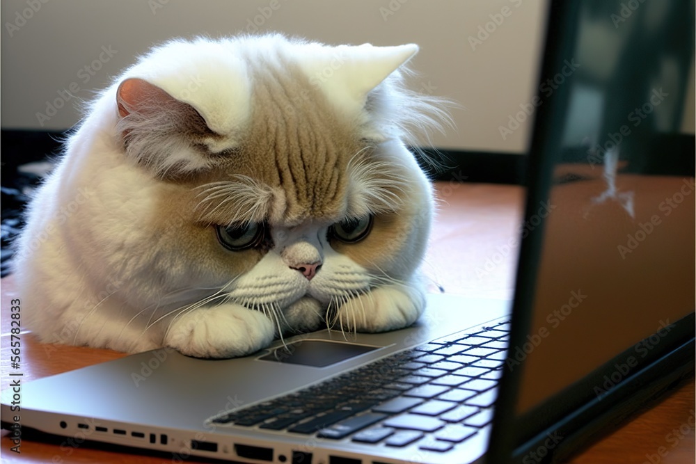 Sad cat requires attention, he lay down on the keyboard of an ultrabook ...