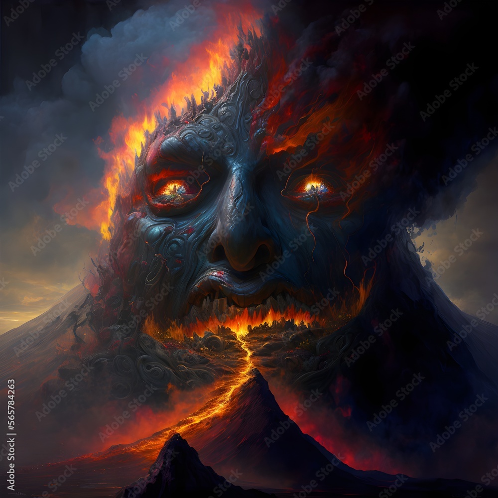 volcano with devil face lava hellish surroundings cinematic lighting ...
