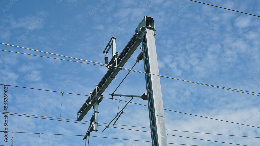 Railway electric cables and poles in India. Overhead power lines to ...