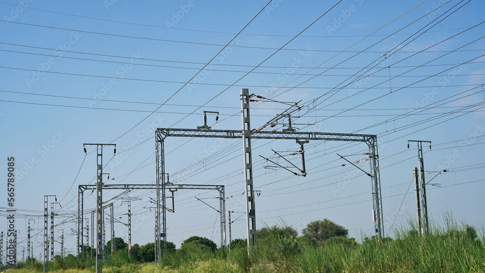 Railway electric cables and poles in India. Overhead power lines to ...