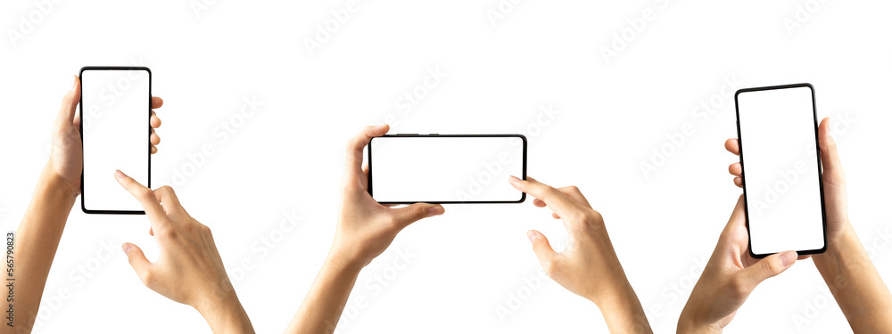 Hands holding black smartphone, isolated Clipping paths for design work ...
