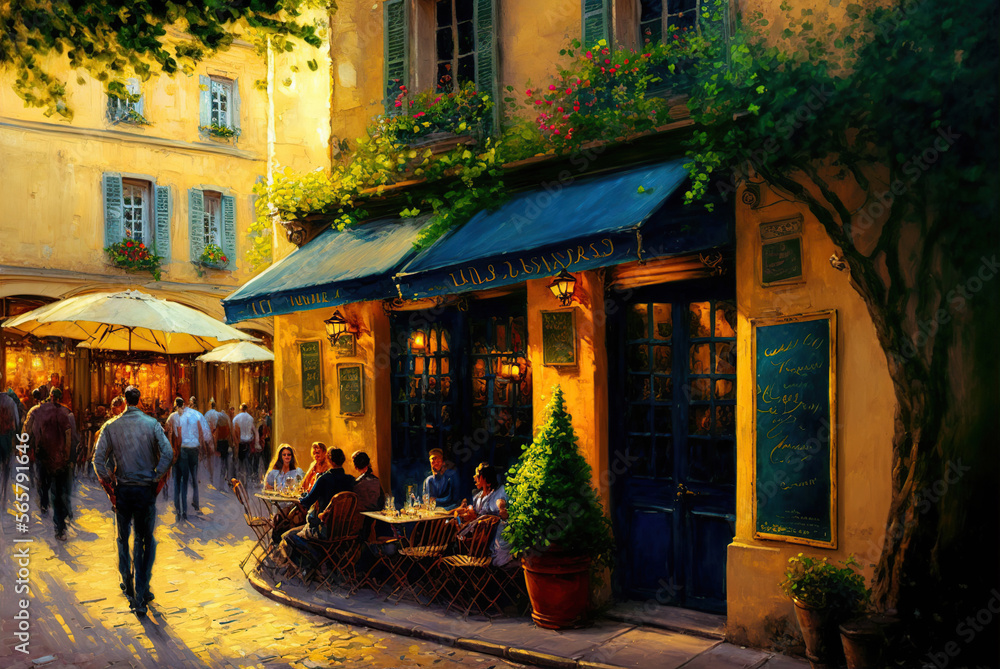 A café in Paris is charming and lively, showing narrow and picturesque ...