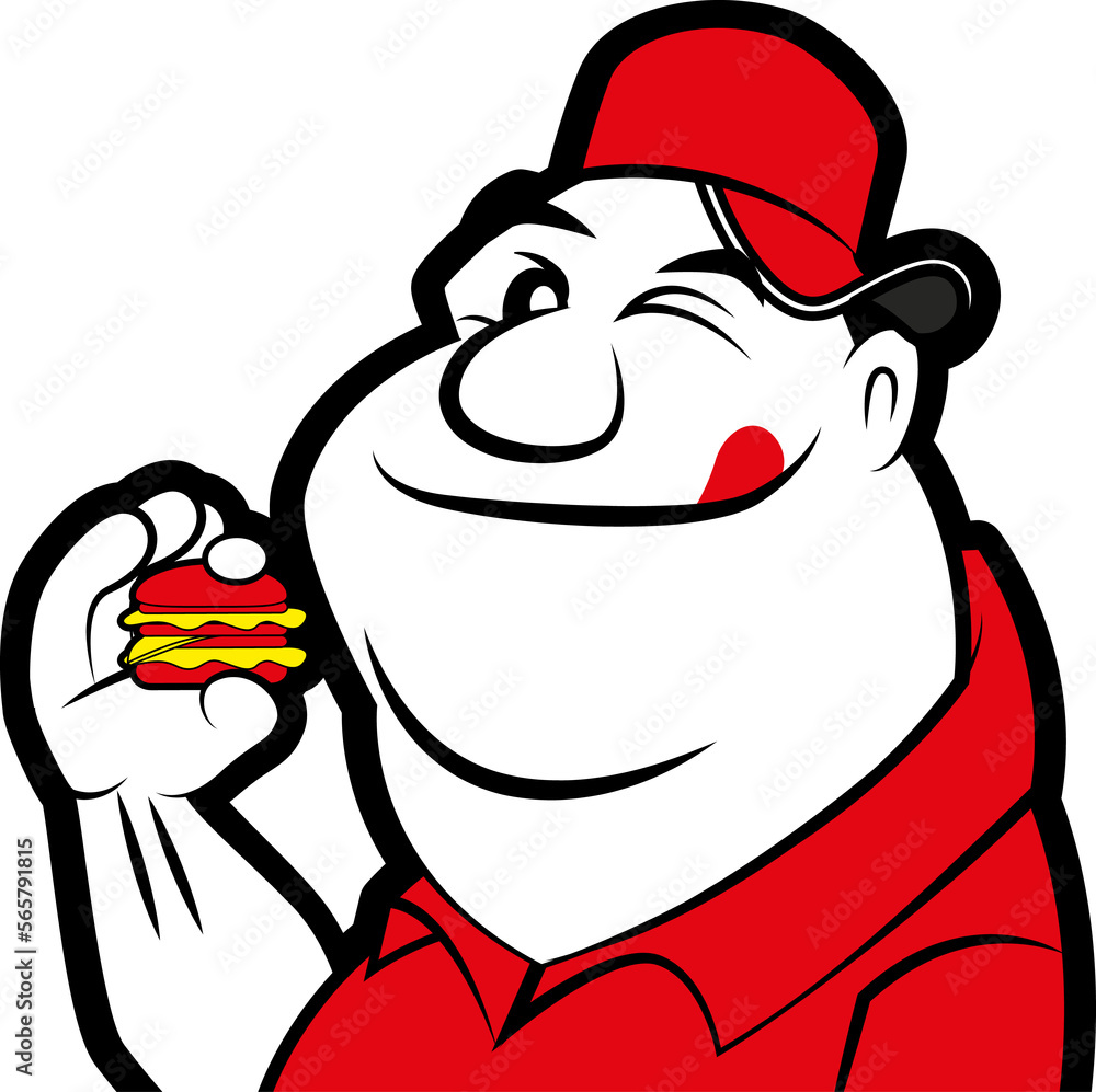 Cartoon funny fat boy with tasty tongue out holding burger character ...