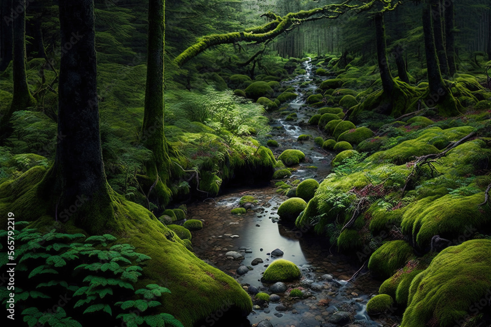 Enchanted forest with moss-covered trees and a babbling brook, water, nature, river, forest ...