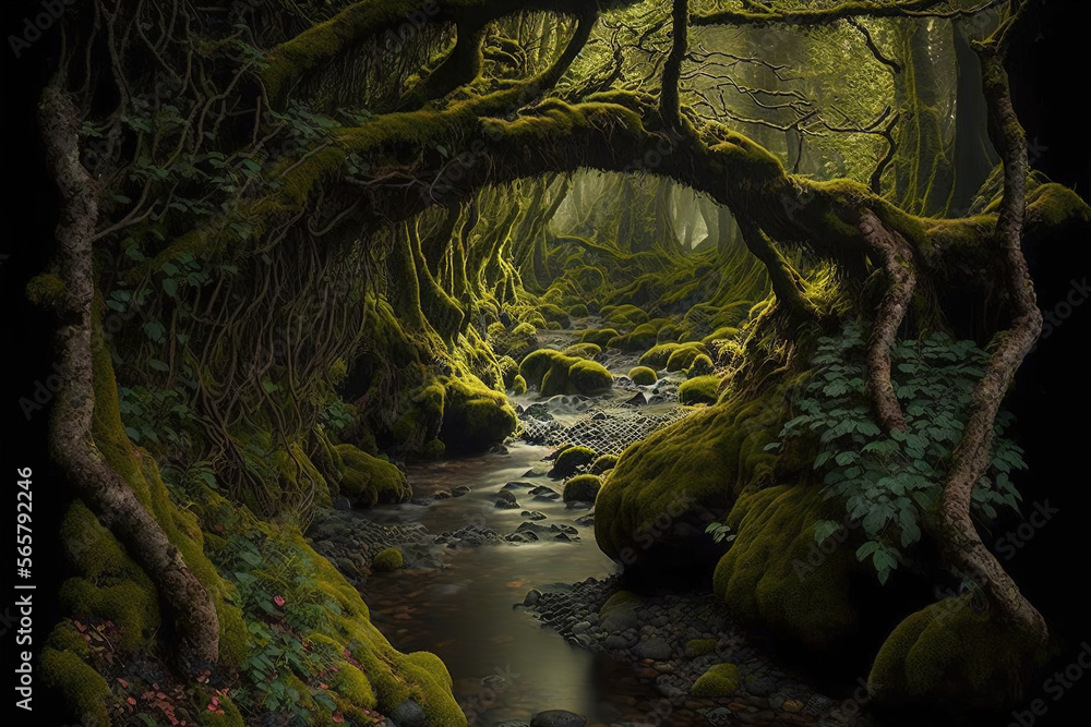 Enchanted forest with moss-covered trees and a babbling brook, water, nature, river, forest ...