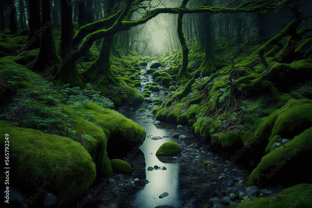 Enchanted forest with moss-covered trees and a babbling brook, water, nature, river, forest ...