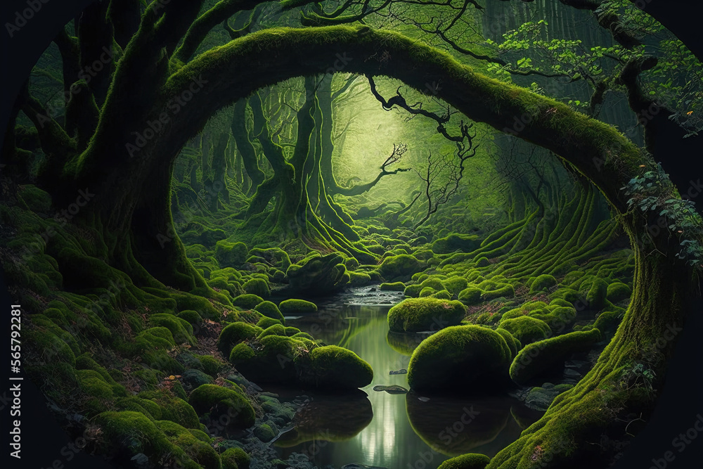 Enchanted forest with moss-covered trees and a babbling brook, water, nature, river, forest ...