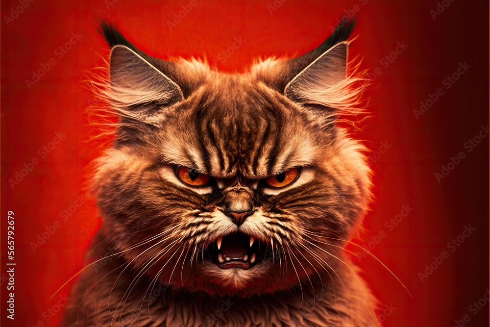 Angry cat with red eyes screams with an open mouth with sharp teeth ...