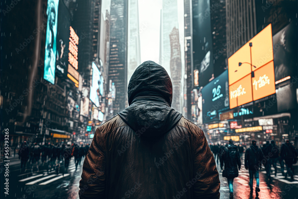 Back view of a man walking in times square, new york - Generative AI ...