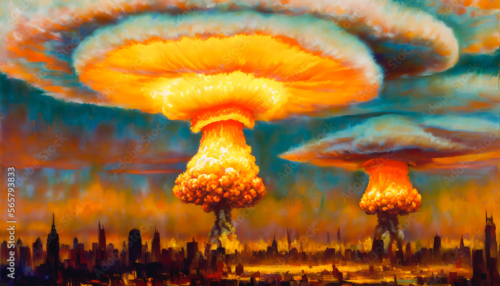 Abstract painting of Aftermath of an atomic bomb explosion in city with ...