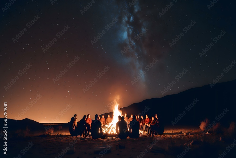 wide shot of a group of people gathered around a bonfire, with the ...