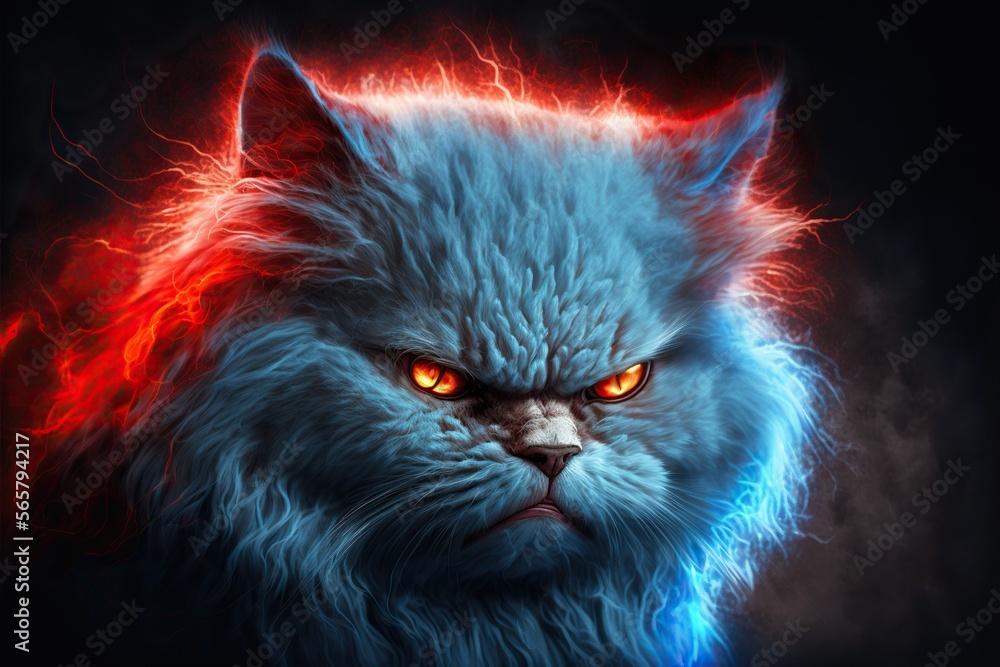 Terrifying cat with a fiery look, on a dark background with red ...