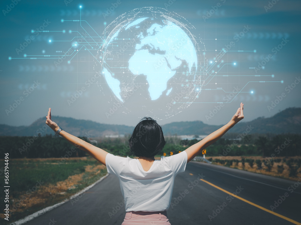 Global network connection in human hand Woman raising her hand showing ...