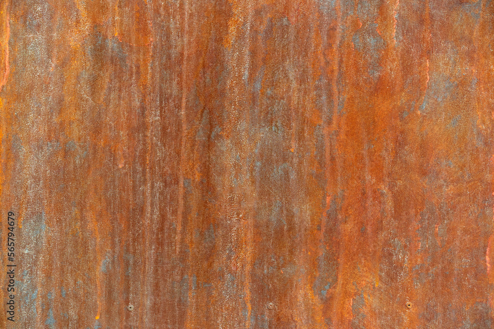 orange rust stains on weathered steel plate or yellow iron table and old brown metal wall from ...