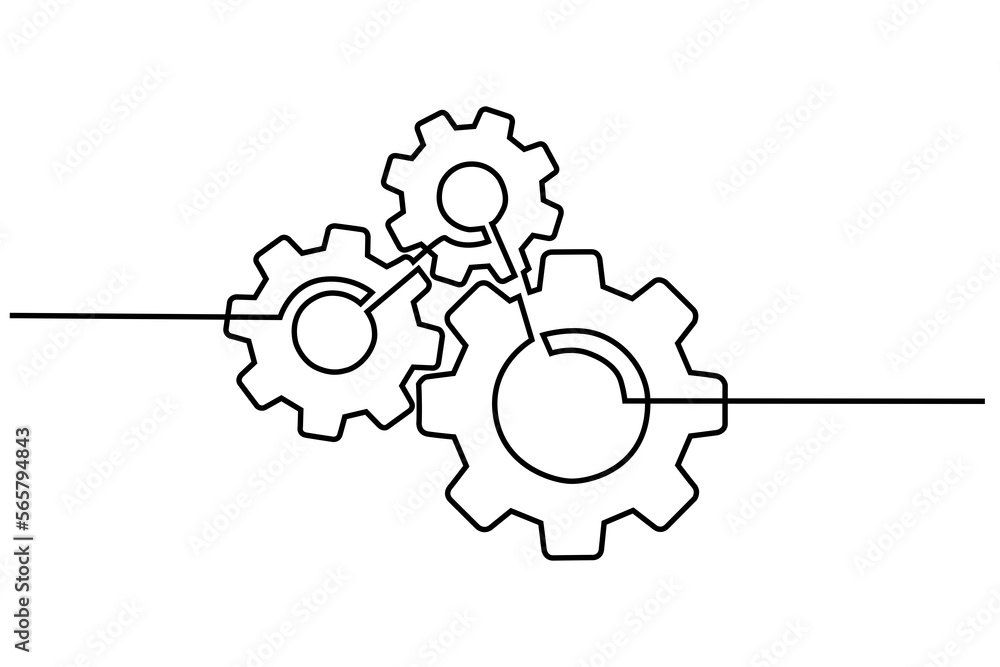 Continuous line drawing of machine gears. concept of gears on a machine ...