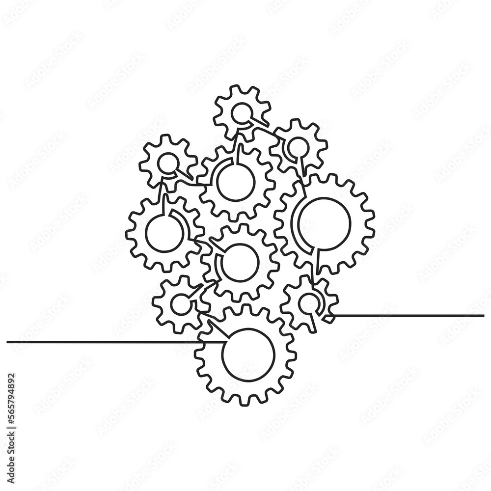 Continuous line drawing of machine gears. concept of gears on a machine ...