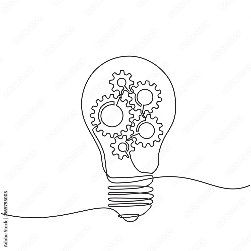 Continuous one line drawing of light bulbs with metal gears inside. can ...