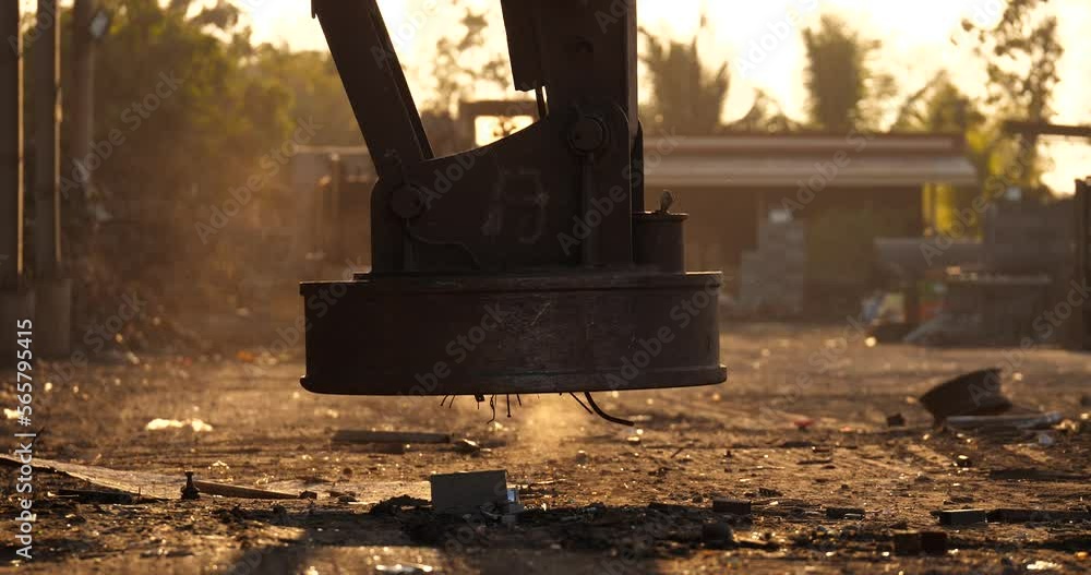 Backhoe is using electromagnets crane, electromagnets crane picking up ...