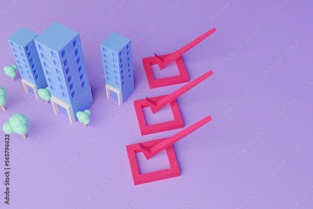 Highly rendering of building with check mark in purple background. 3D ...